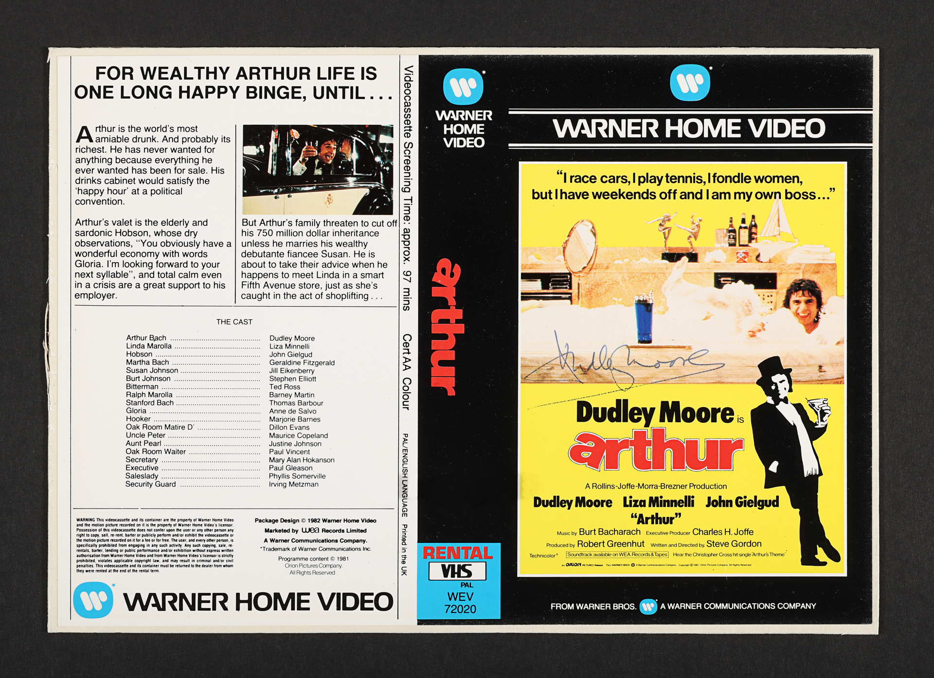 Lot #28 - ARTHUR (1981) - Dudley Moore Autographed Video Cover, 1981