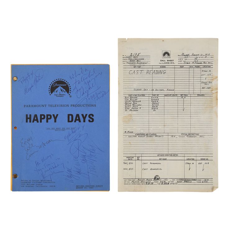 Lot 650 - Cast-Autographed Script and Call Sheet | HAPPY DAYS (1974-1984)