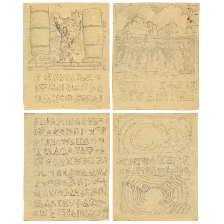 Tom Sullivan Collection Set of Four Hand-Illustrated Necronomicon Pages ...