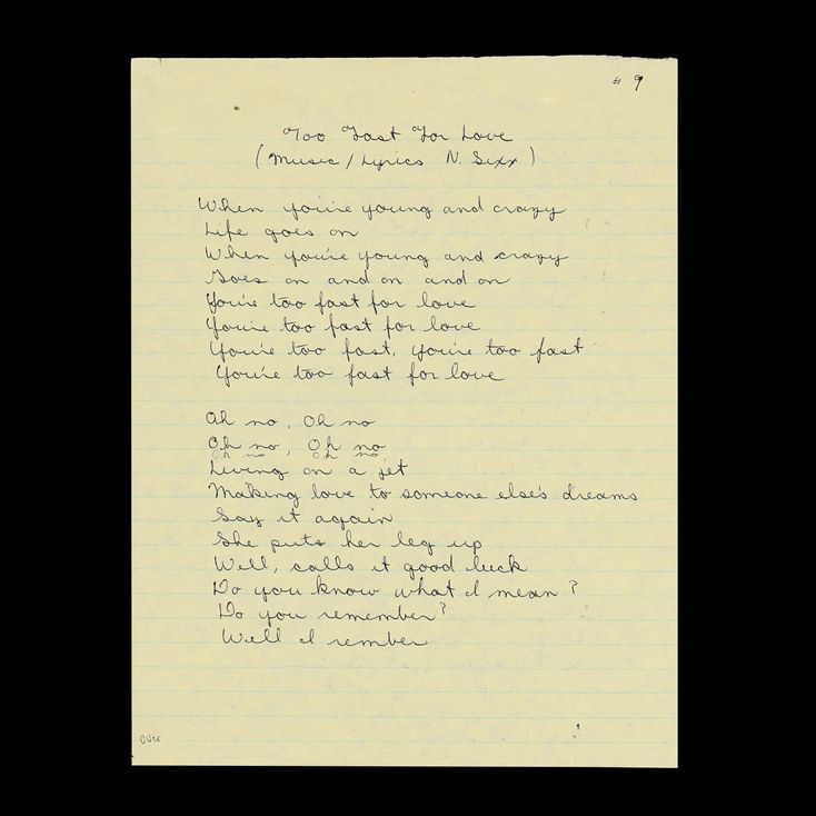 Lot #567: MOTLEY CRUE - Too Fast For Love Lyrics Handwritten by Allan ...