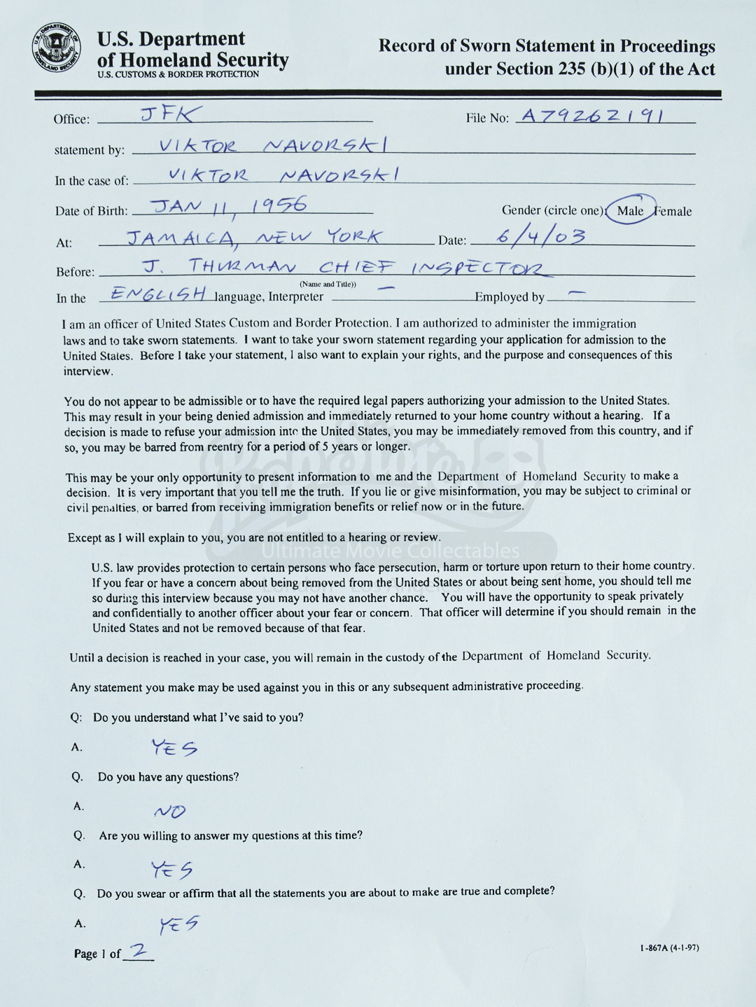 Viktors Blue Immigration Forms | Prop Store - Ultimate Movie Collectables