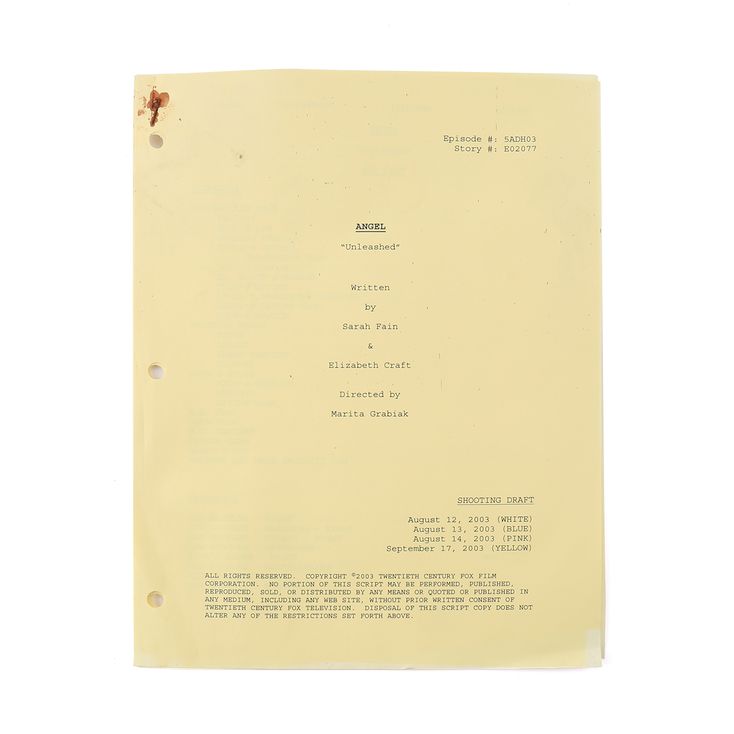 Partial Yellow Draft Production Script - Unleashed | ANGEL (1999-2004)