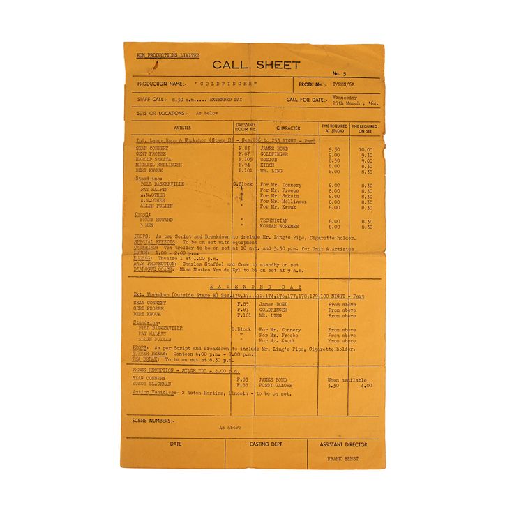 No, Mr. Bond, I expect you to die Call Sheet and Dope Sheet | JAMES ...