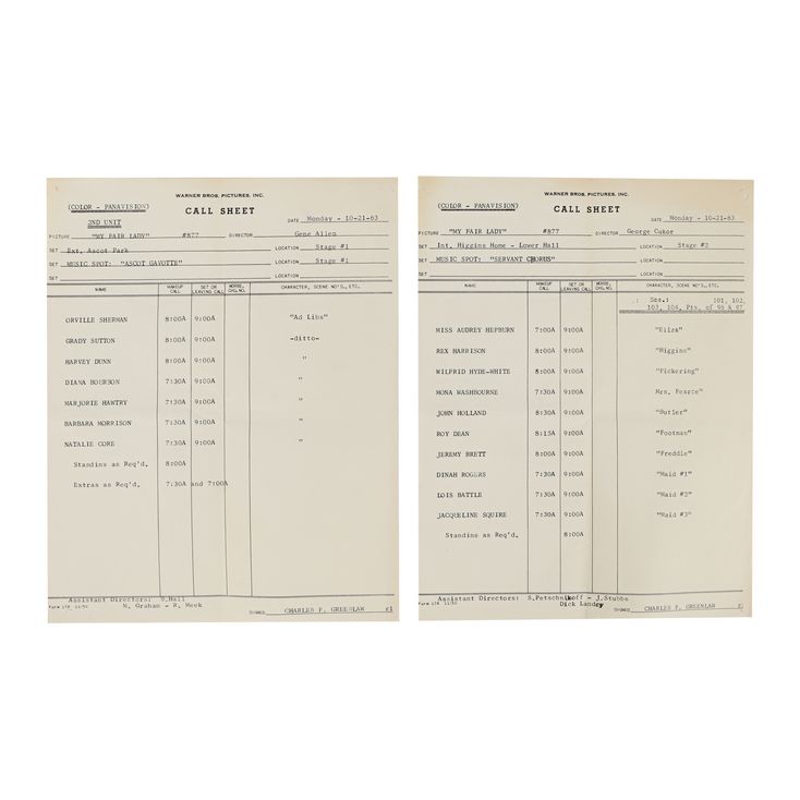 Lot # 1436: MY FAIR LADY (1964) - Pair of Production Call Sheets
