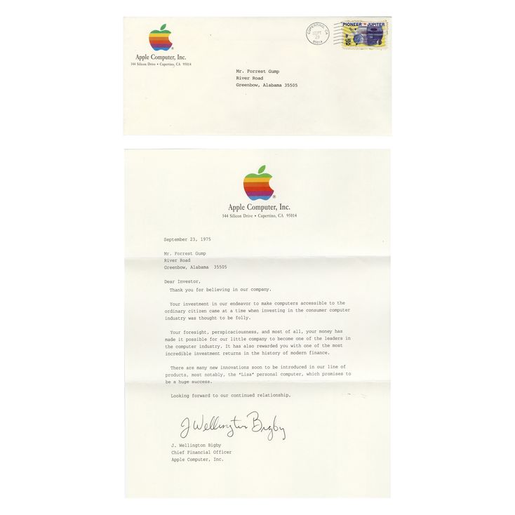 Lot 279 - Forrest Gumps (Tom Hanks) Letter from Apple | FORREST GUMP (1994)