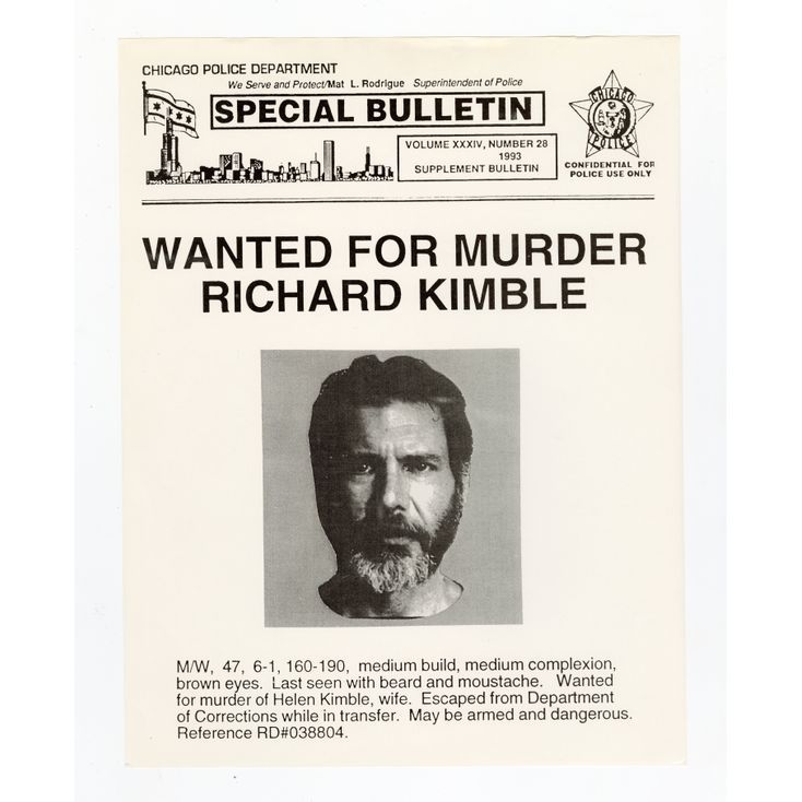 Lot 706. Richard Kimble (Harrison Ford) Wanted Poster | FUGITIVE, THE ...