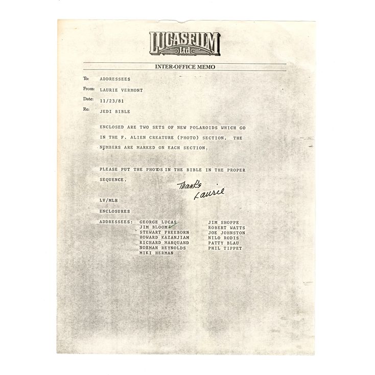 Lucasfilm Alien Creature Inter-Office Memo | STAR WARS: RETURN OF THE ...