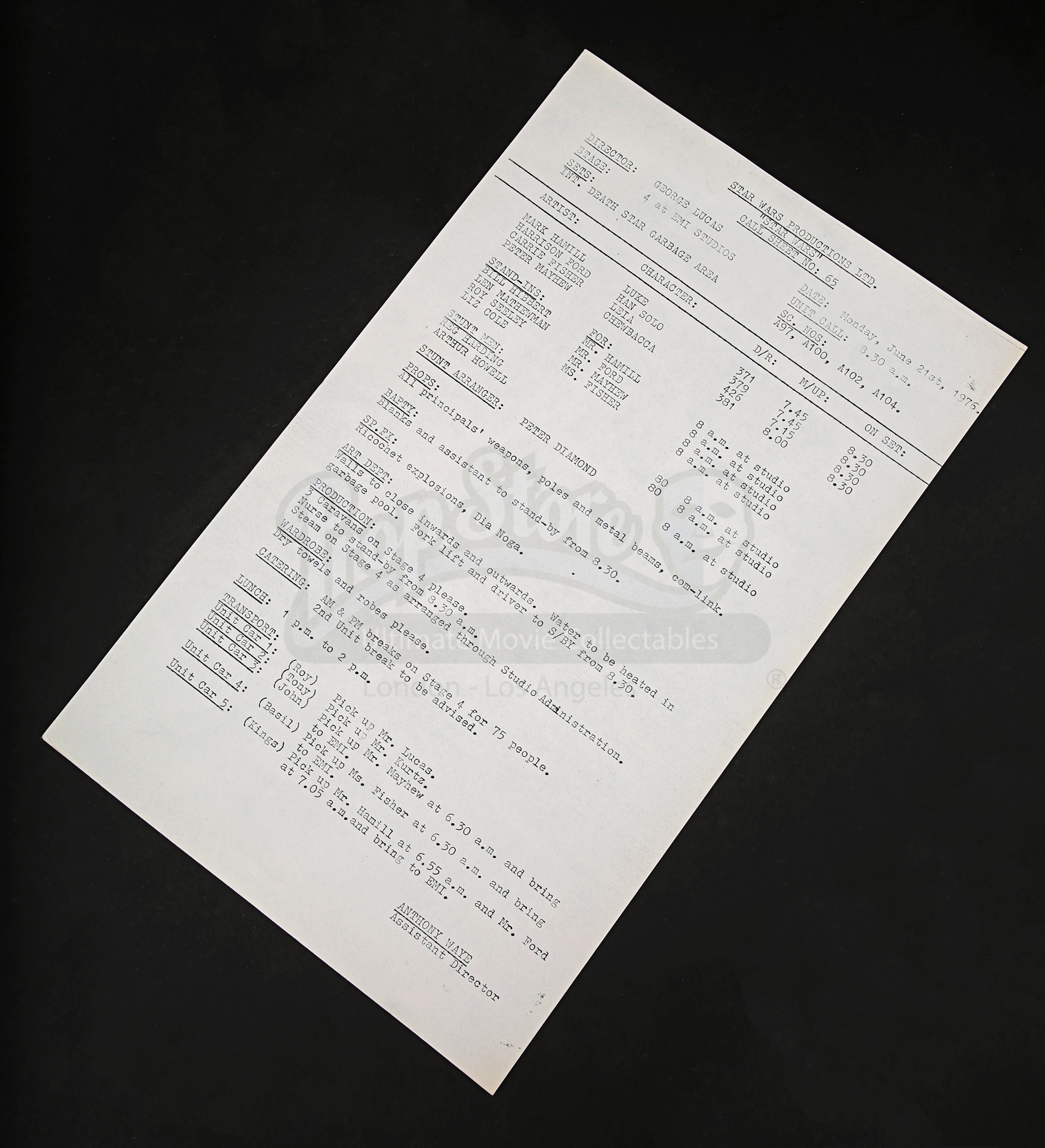 Lot # 172 - STAR WARS - EP IV - A NEW HOPE - Death Star Garbage Call Sheet