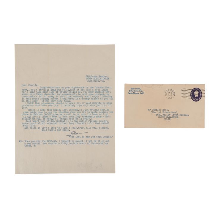 873. Stan Laurel Personal Letter to Charlie Hall ### LAUREL AND HARDY