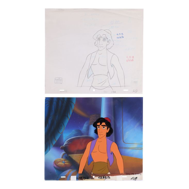 2078. Aladdin Original Production Cel, Background and Matching Drawing ...