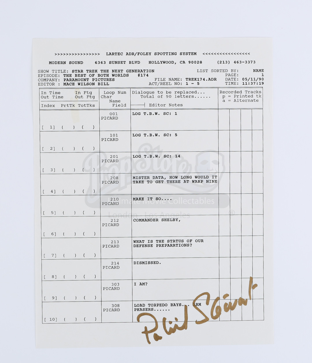 Patrick Stewart-Signed ADR Sheet | Prop Store - Ultimate Movie Collectables