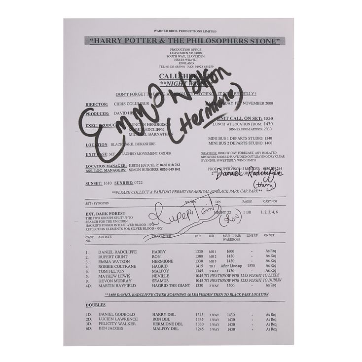 Lot 980 - Daniel Radcliffe and Cast Autographed Call Sheet | HARRY ...