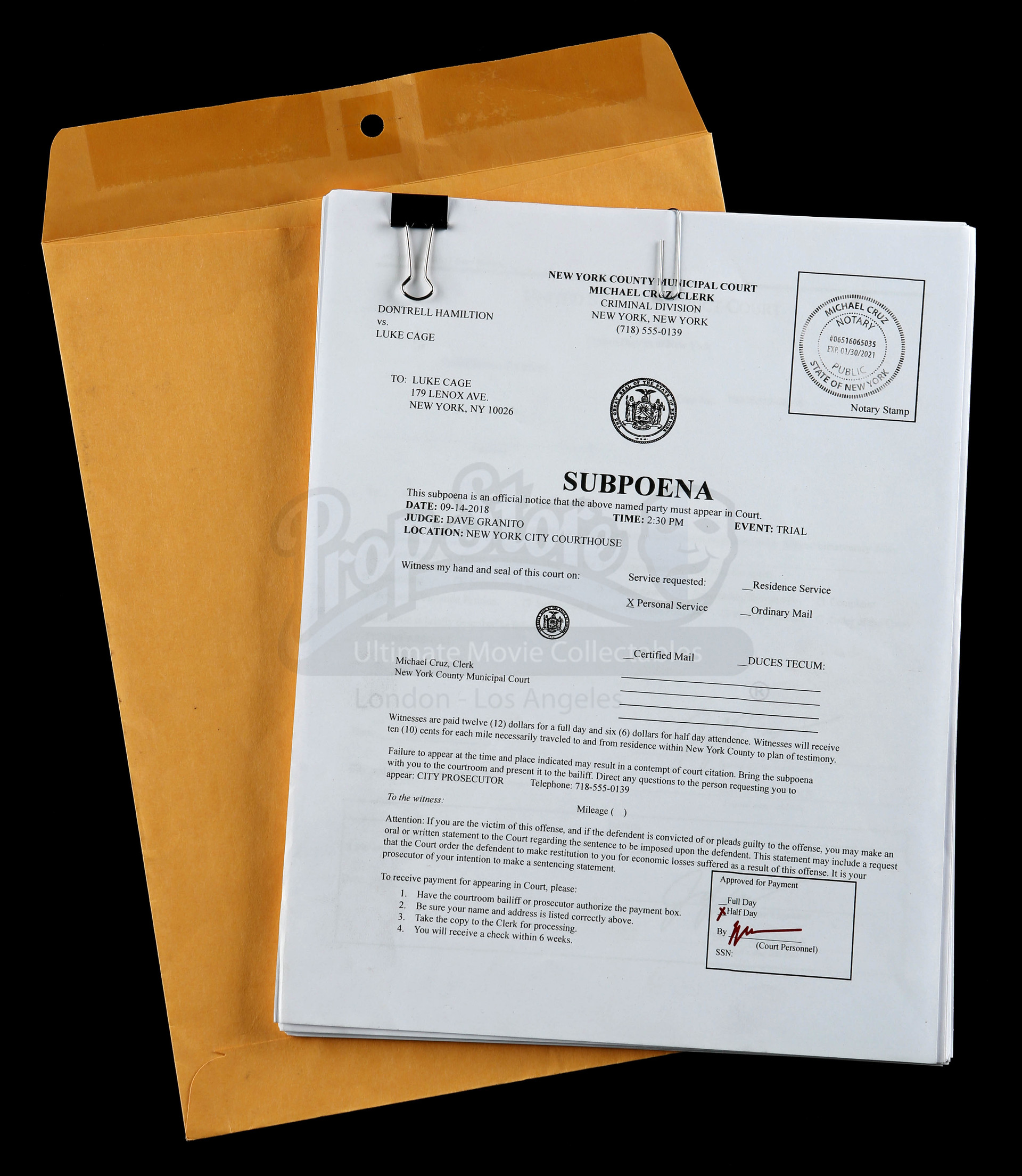 Lot # 612: Luke Cage's Subpoena Packet