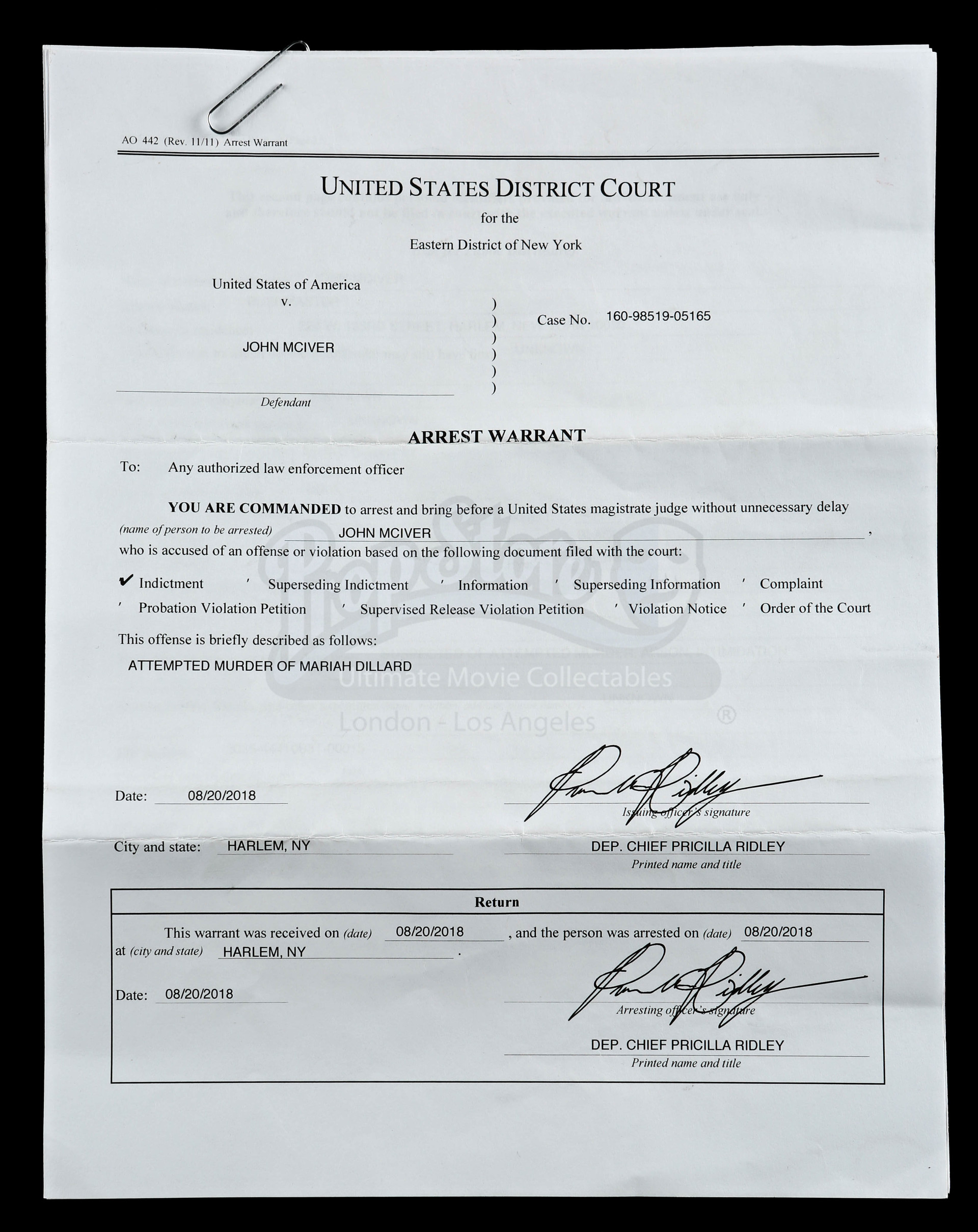 Lot # 634: Deputy Chief Ridley's Arrest Warrant
