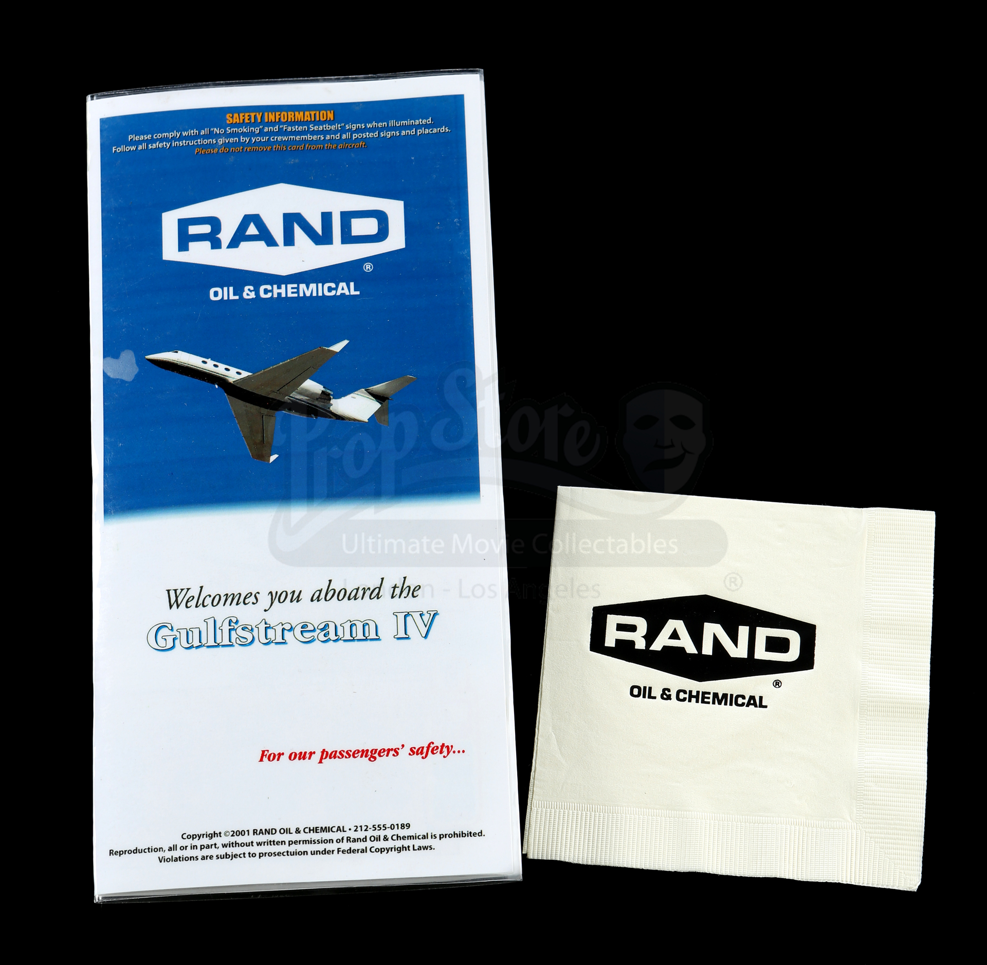 Lot # 687: Rand Enterprises Airline Safety Brochure and Rand Branded Napkin