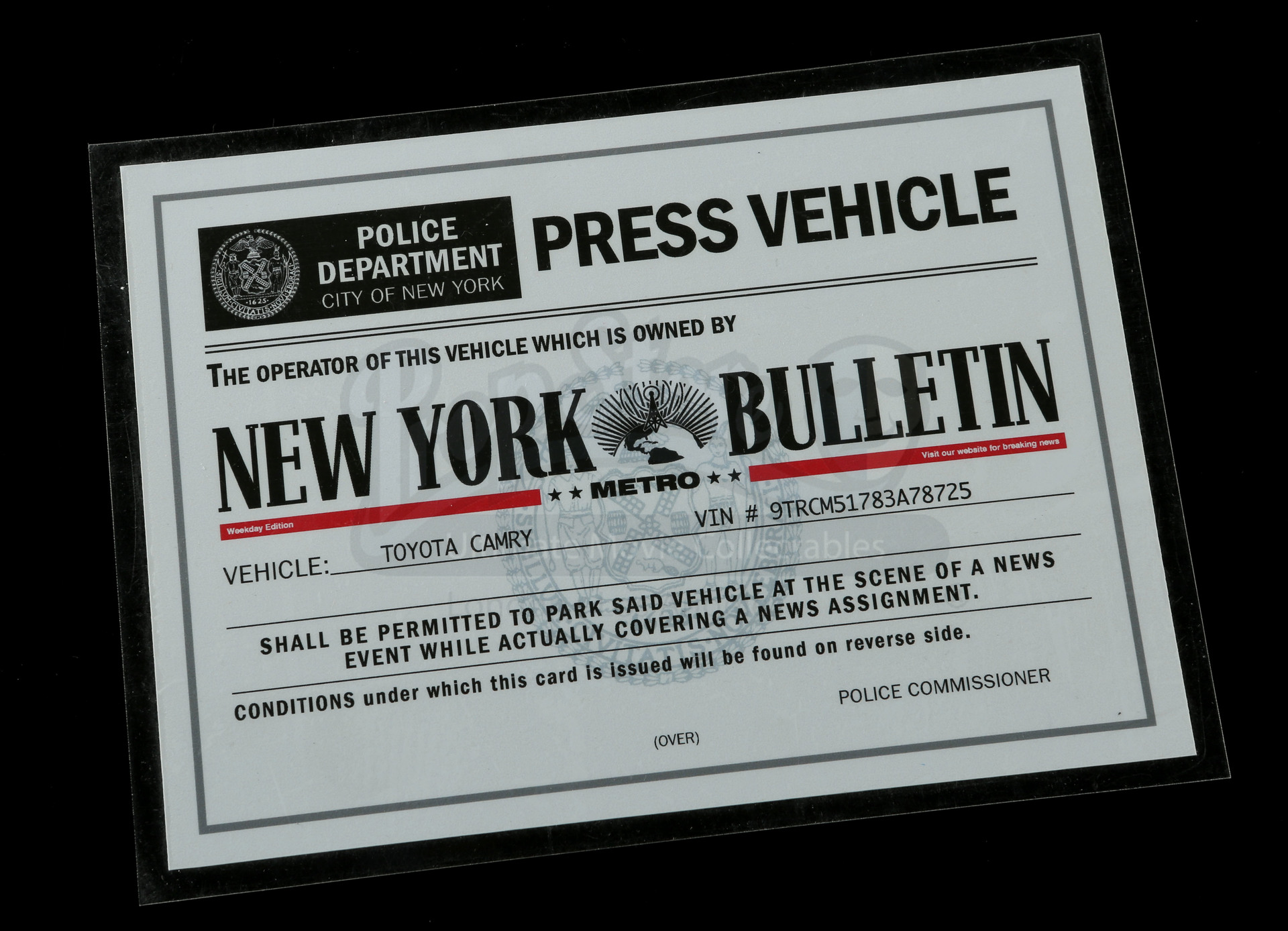 Lot # 129: Small New York Bulletin Laminated Press Vehicle Pass
