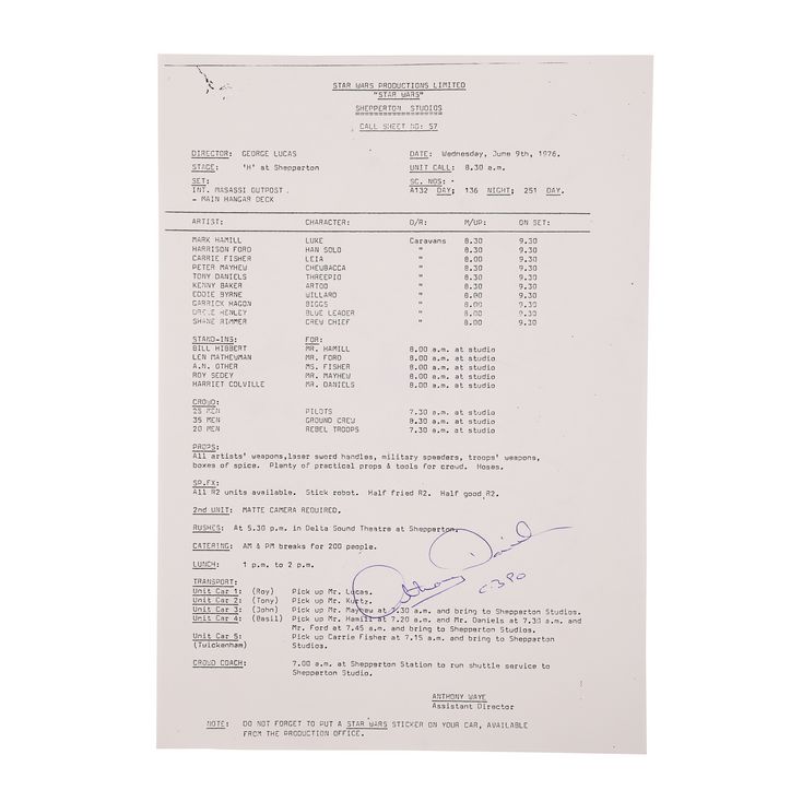 Anthony Daniels Autographed Call Sheet No. 57 Photocopy | STAR WARS: A ...