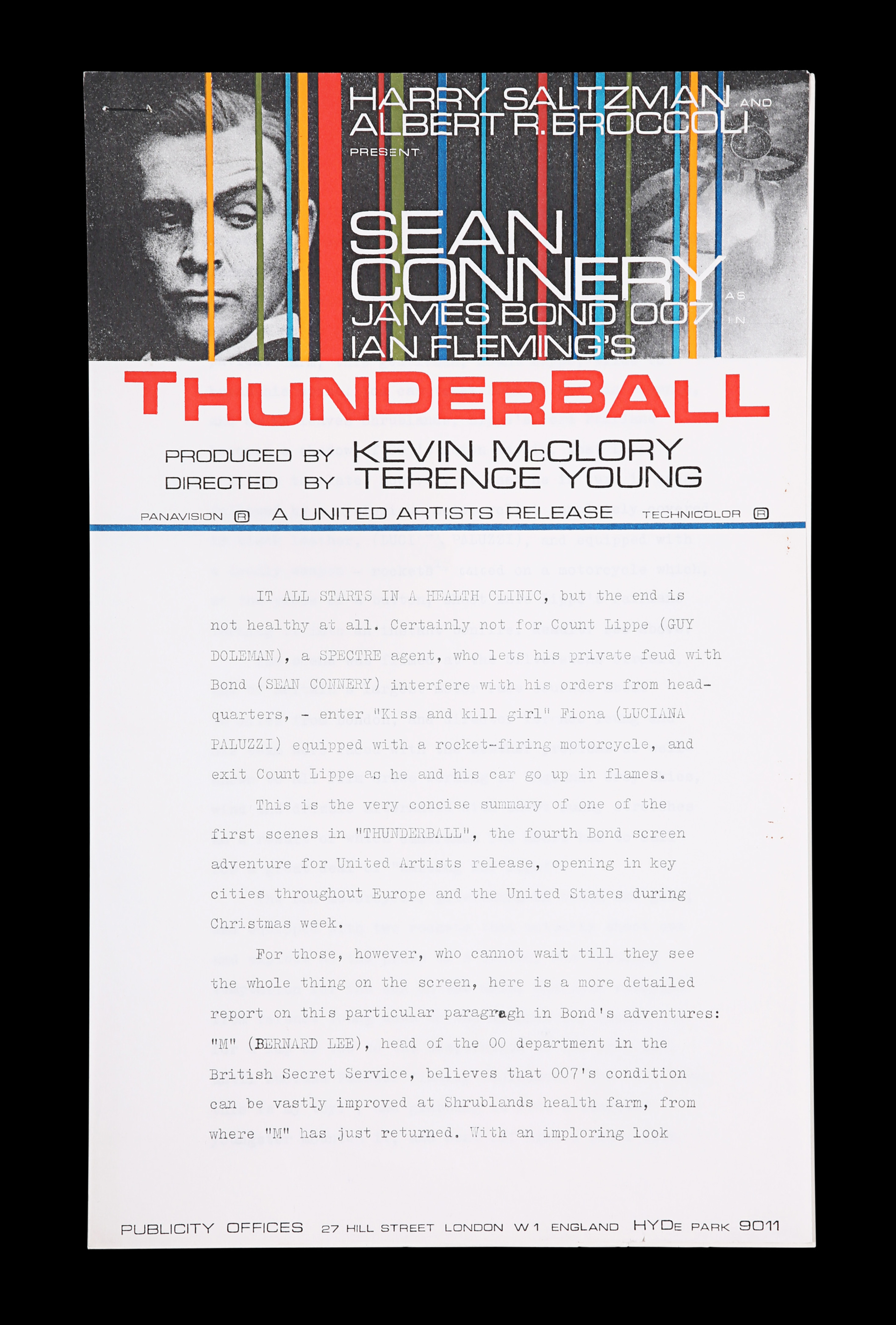 Lot #35 - THUNDERBALL (1965) - UK Advance Press Release, 1965