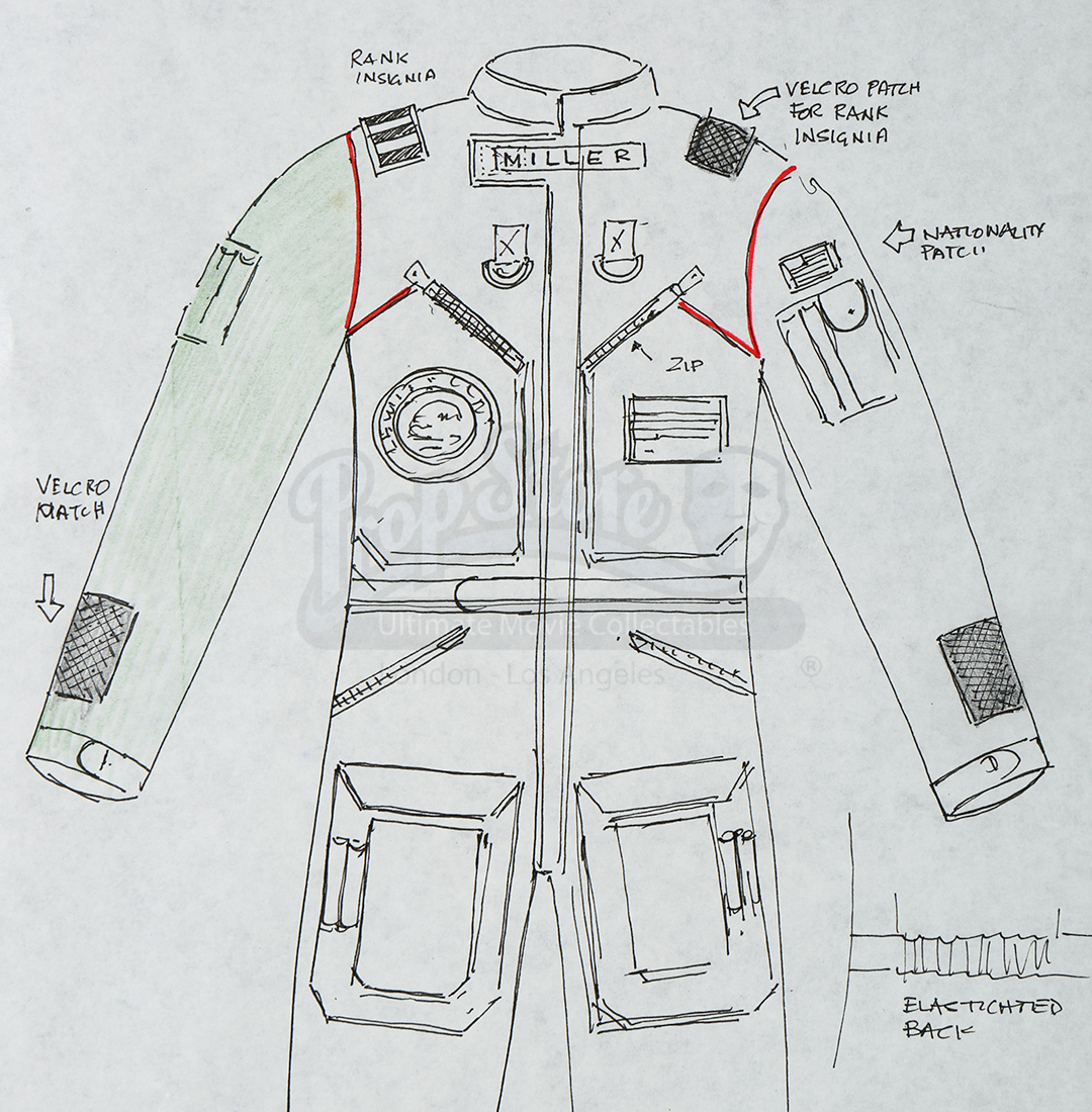 John Mollo Hand-Drawn Flight Suit Concept Sketch with Swatch - Captain Miller | Prop Store ...