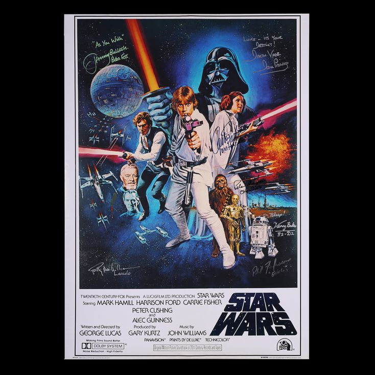 Poster Autographed by Carrie Fisher, Jeremy Bulloch, Dave Prowse, Peter ...