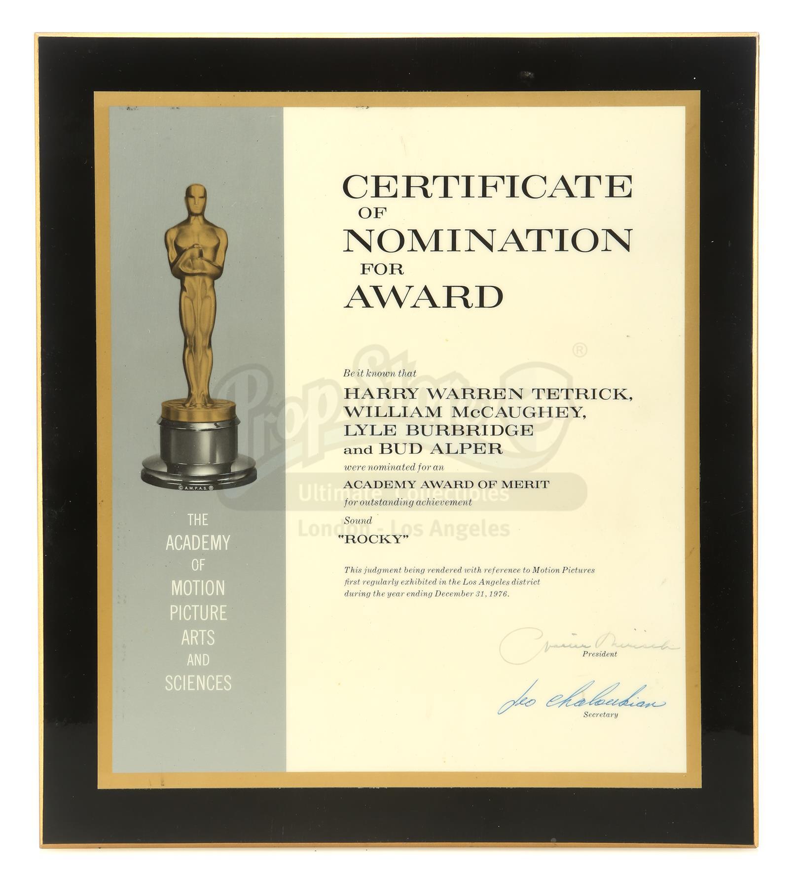 Lot #568 - ROCKY (1976) - Academy Award Nomination Certificate Plaque