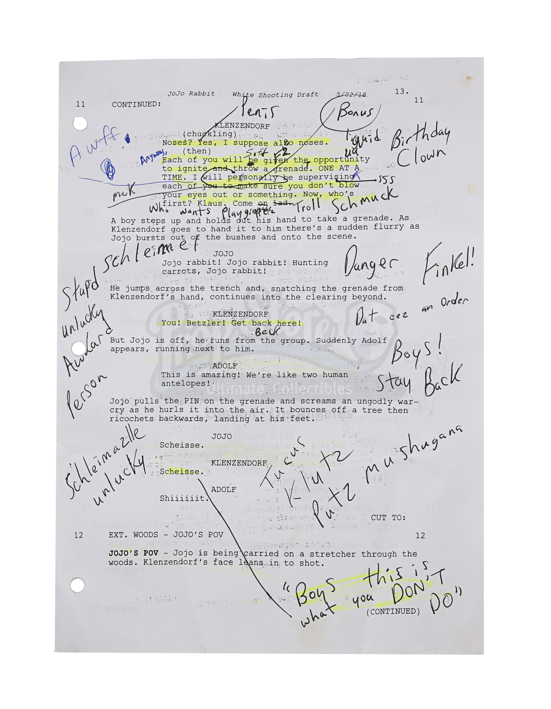 Lot #421 - JOJO RABBIT (2019) - Sam Rockwell Personal Annotated Script Page