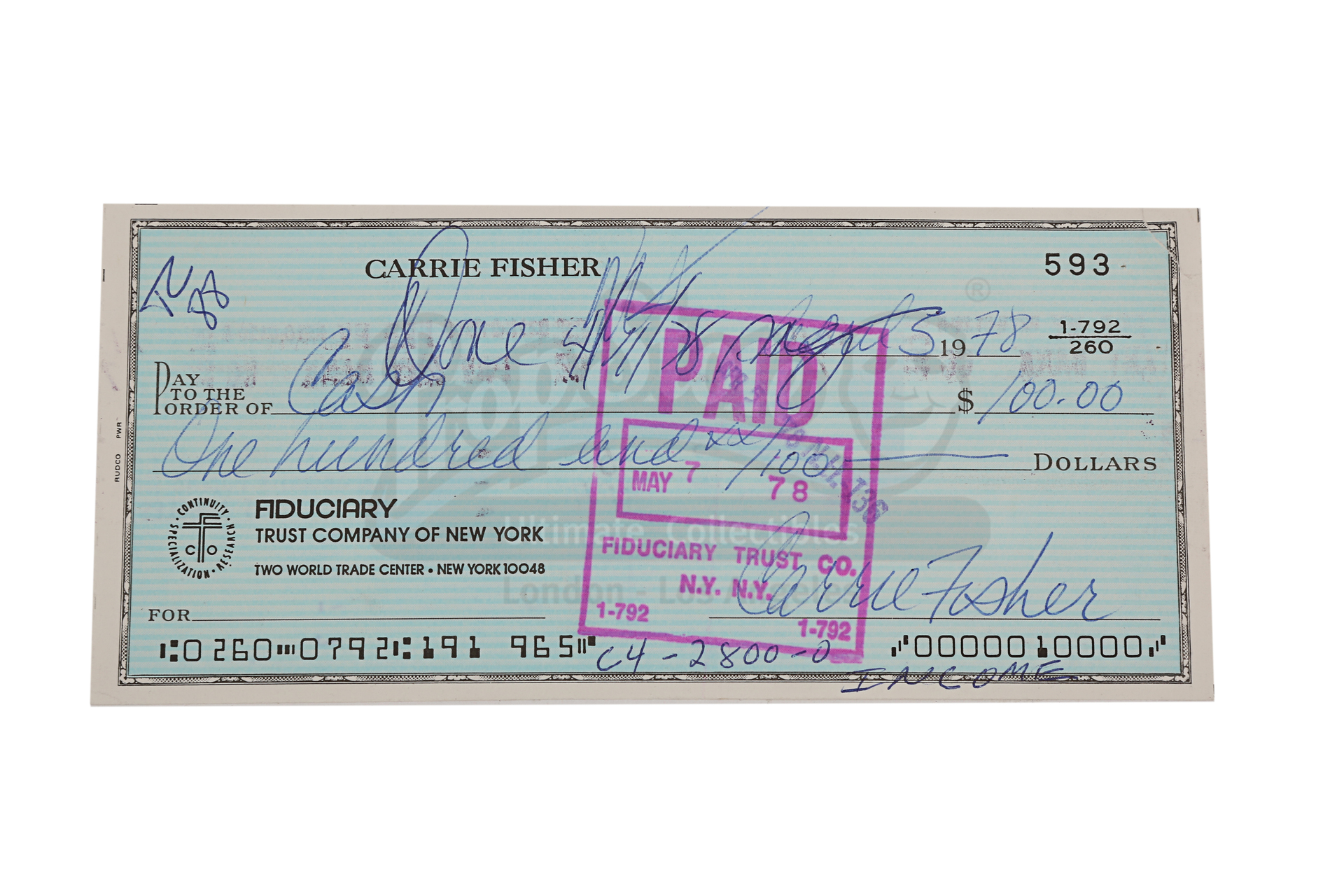 Lot #697 - STAR WARS: A NEW HOPE (1977) - Carrie Fisher Signed Cheque