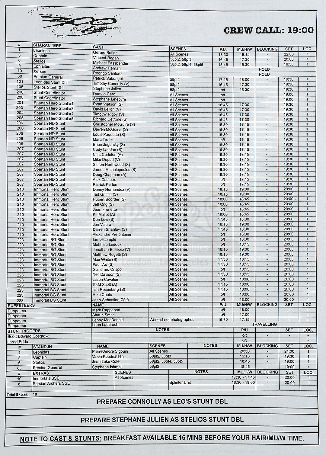 Crew Call Sheets | Prop Store - Ultimate Movie Collectables