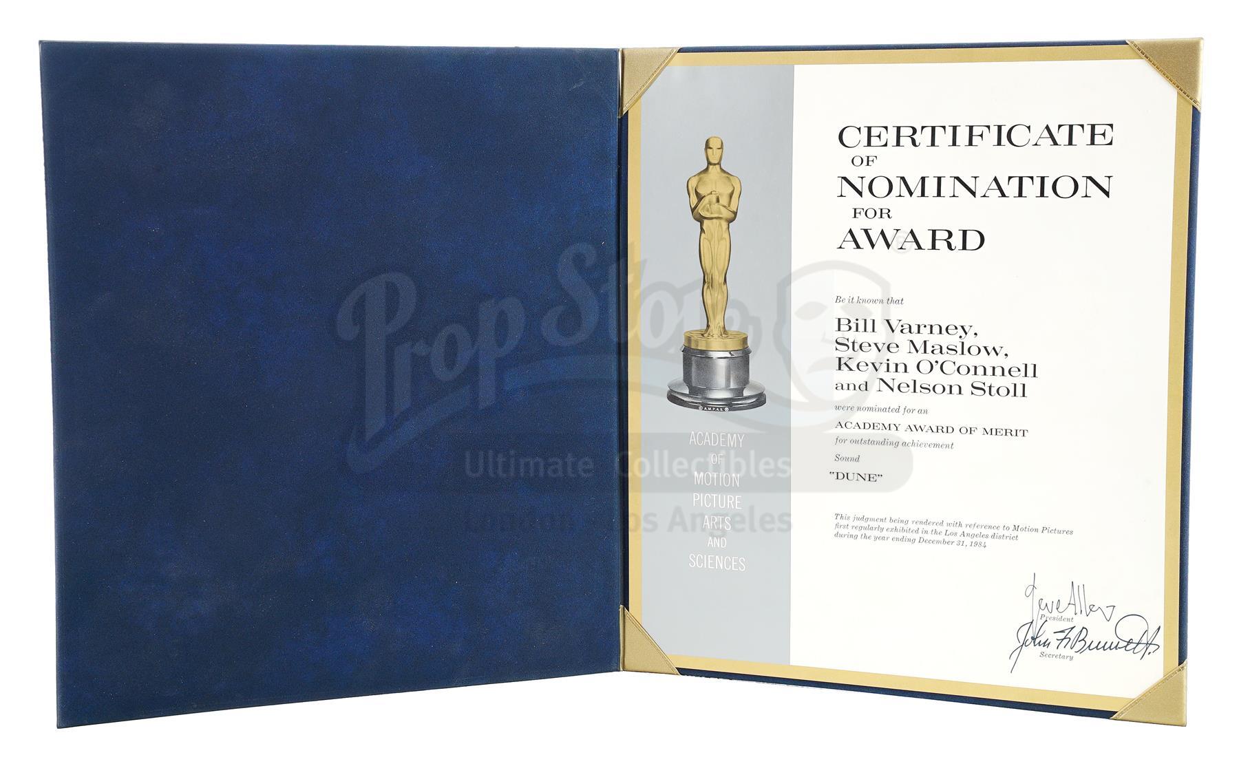 Lot # 636: DUNE (1984) - Academy Award Nomination Certificate