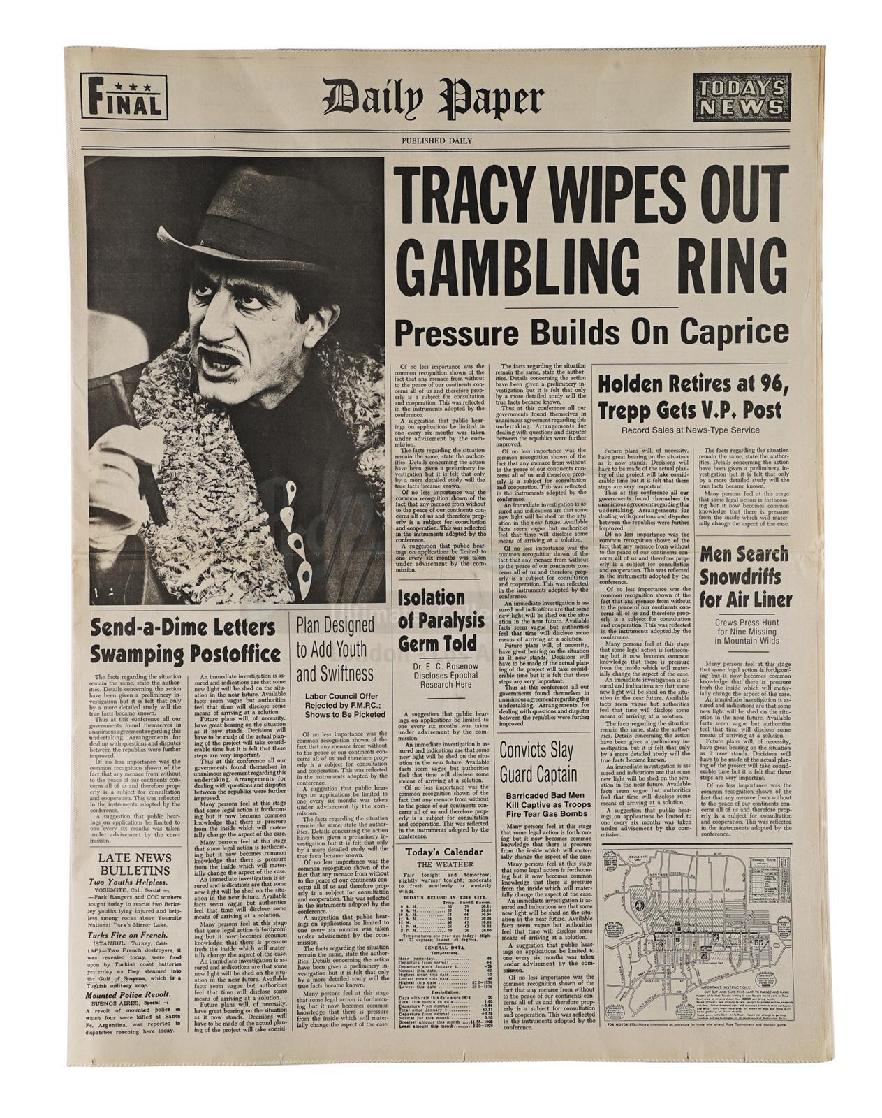 Lot # 617: DICK TRACY (1990) - Tracy Wipes Out Gambling Ring Newspaper