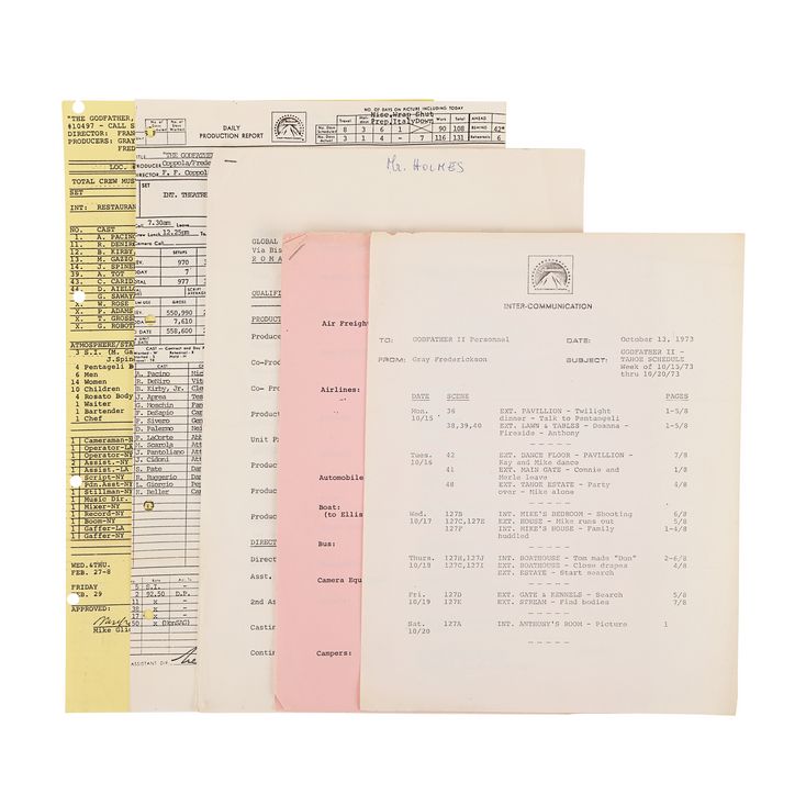 Lot 1280 - Set of Production Paperwork | GODFATHER PART II, THE (1974)