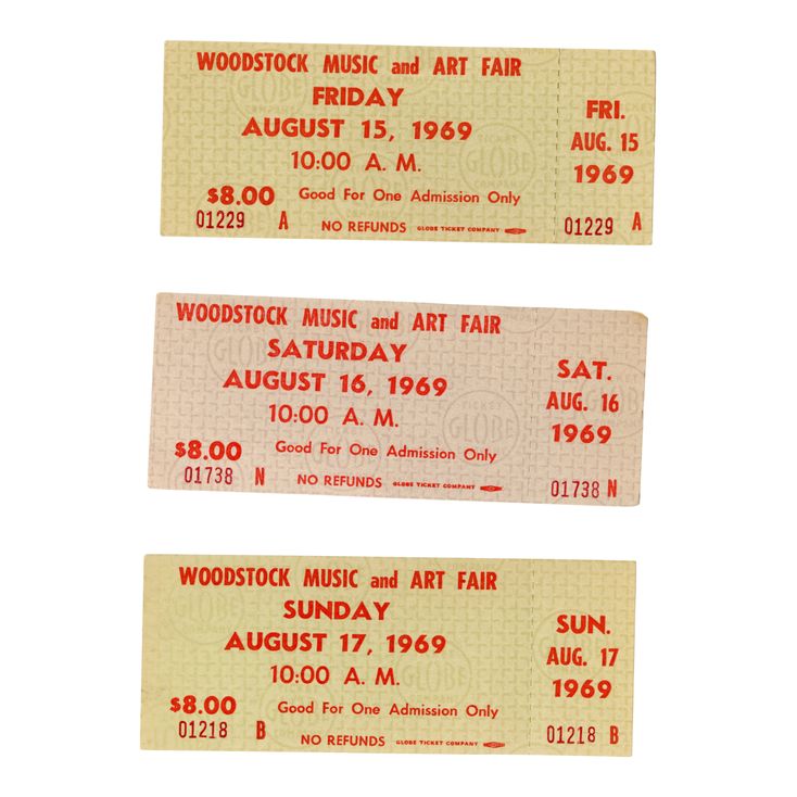 Lot 816. Set of Three Admission Tickets | WOODSTOCK MUSIC AND ART FAIR ...