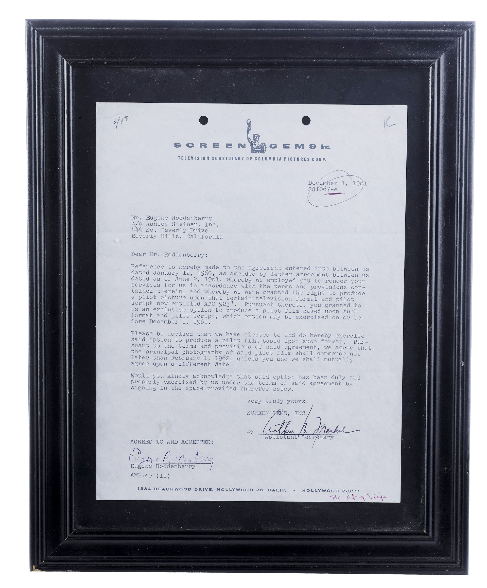 Lot 487 - Framed Gene Roddenberry-Signed Screen Gems Contract | A.P.O ...