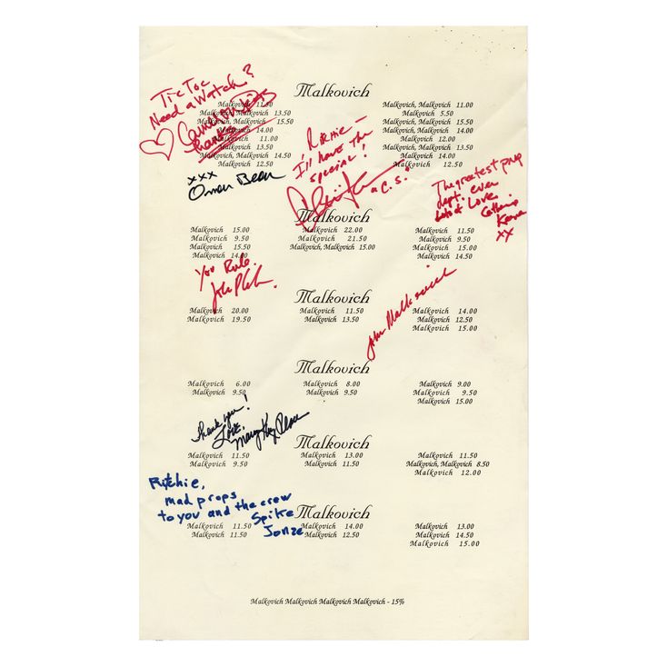 Lot 598 - Cast- and Crew-Signed Malkovich Diner Menu | BEING JOHN ...