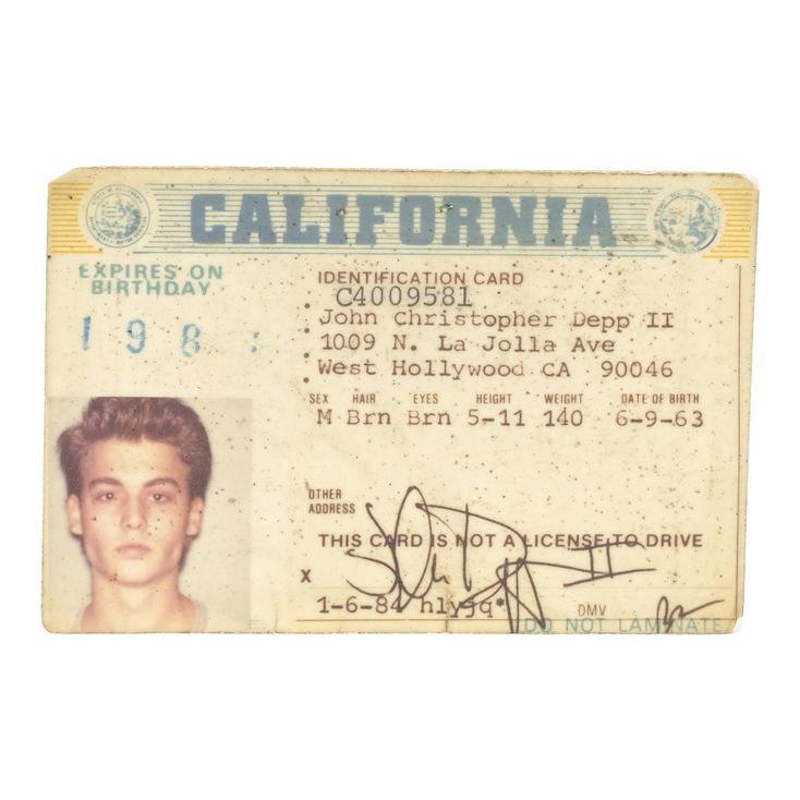 Lot 1312 - Johnny Depps California Identification Card | JOHNNY DEPP