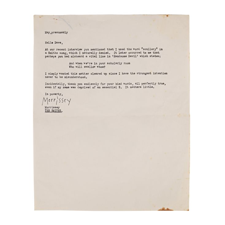 Lot #565: MORRISSEY - Morrissey Autographed Letter