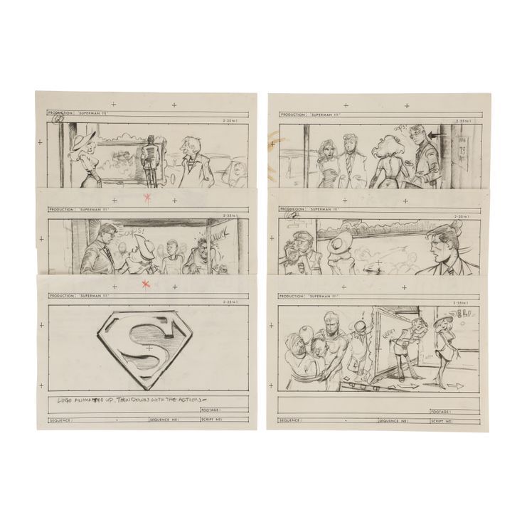 Set of Six Hand-Drawn and Annotated Storyboards | SUPERMAN III (1983)