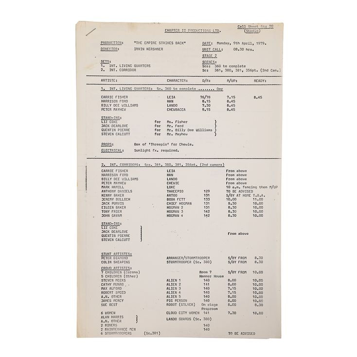 Call Sheet No. 20 | STAR WARS: THE EMPIRE STRIKES BACK (1980)