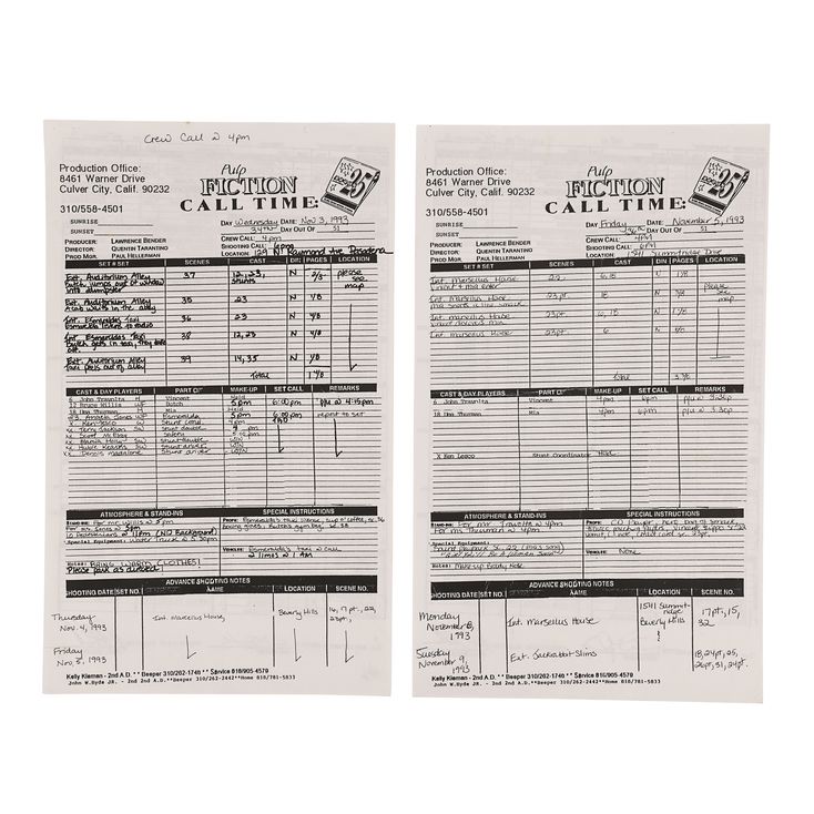 Lot 1572. Pair of Call Sheets | PULP FICTION (1994)