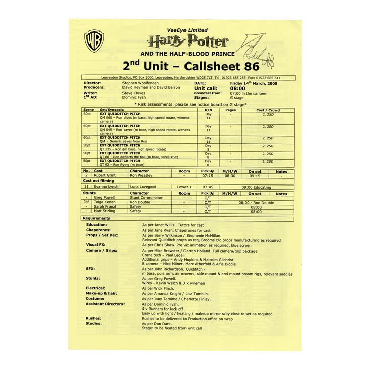 Lot 1305 - Daniel Radcliffe-Autographed Call Sheet | HARRY POTTER AND ...