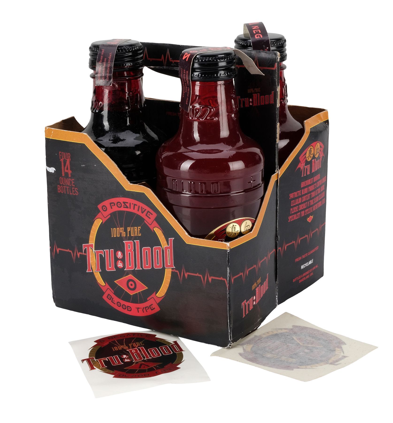 1082. Three Tru Blood Bottles with Carrier and Pair of Decals ### TRUE ...