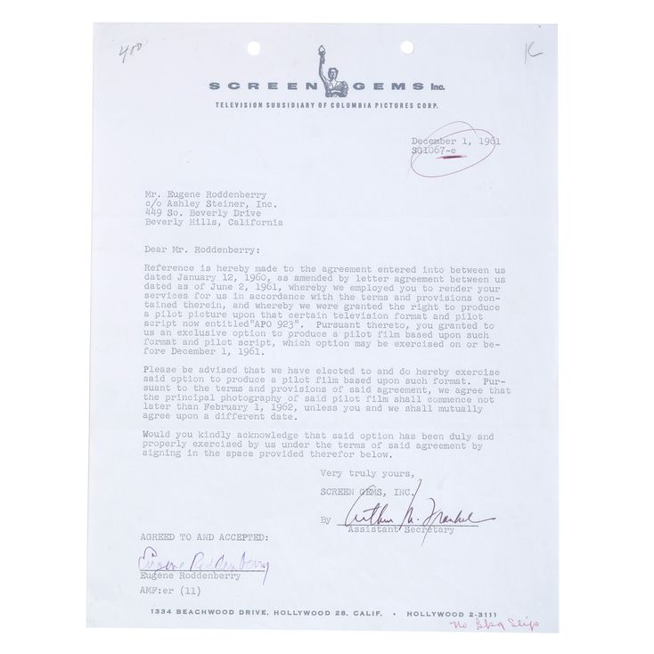 Lot 487 - Framed Gene Roddenberry-Signed Screen Gems Contract | A.P.O ...