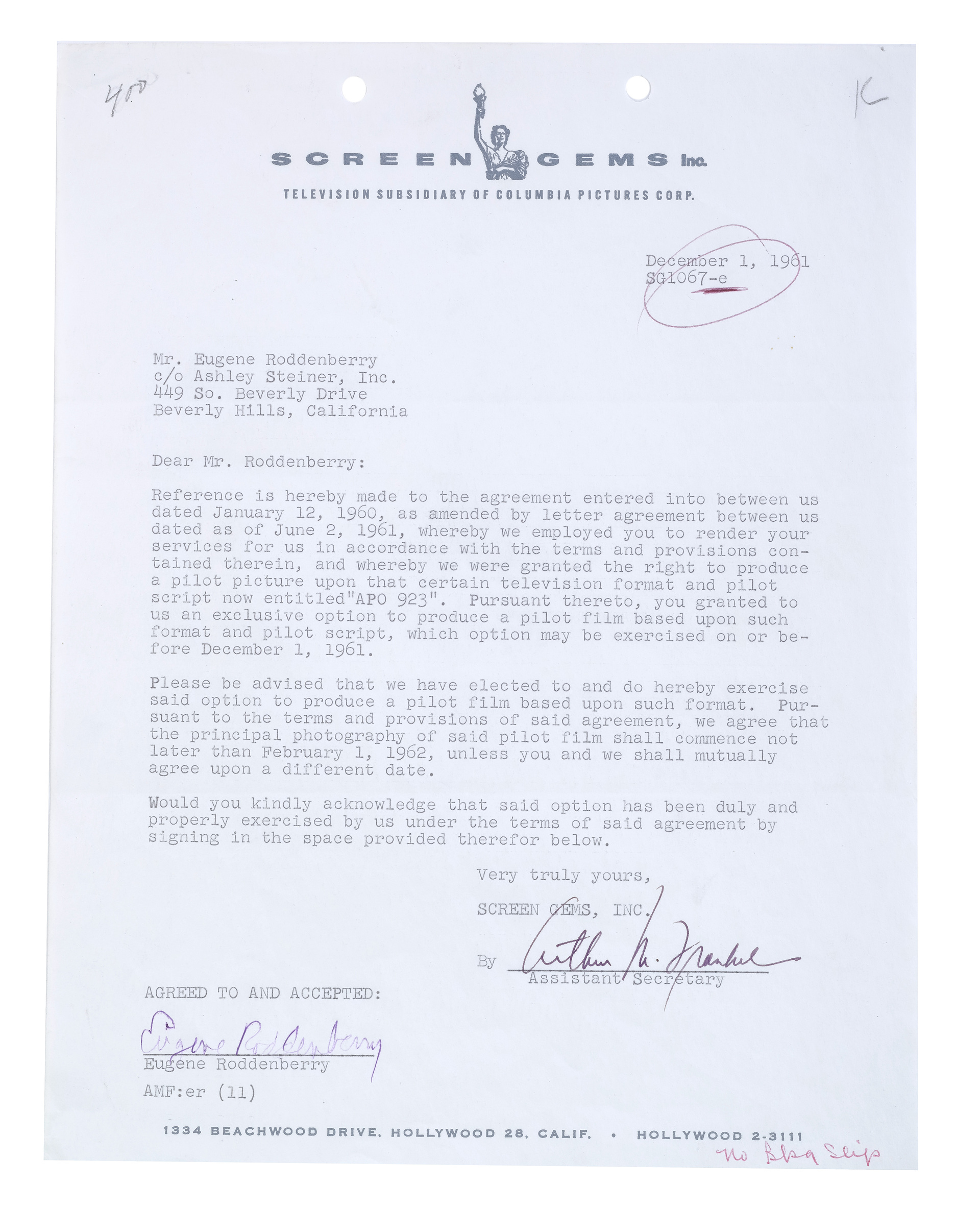 Lot 487 - Framed Gene Roddenberry-Signed Screen Gems Contract | A.P.O ...