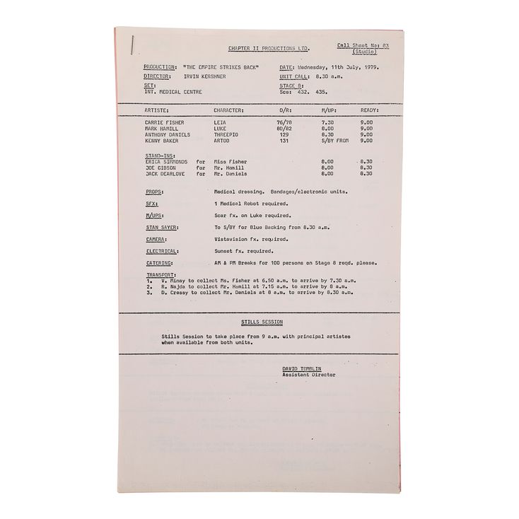Call Sheet No. 83 | STAR WARS: THE EMPIRE STRIKES BACK (1980)