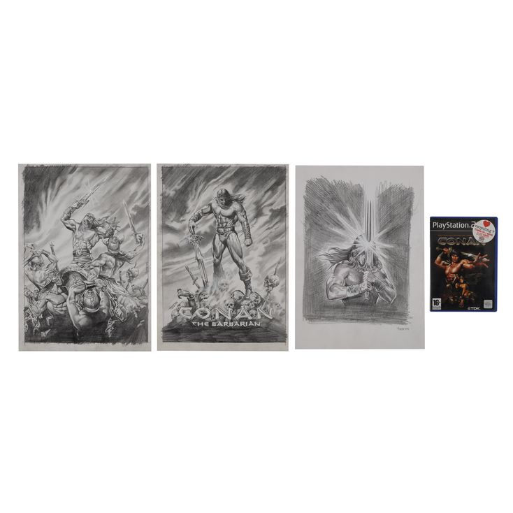 561. Set of Three Hand-Drawn Tom Thiel Box Artwork Preliminary Sketches ...
