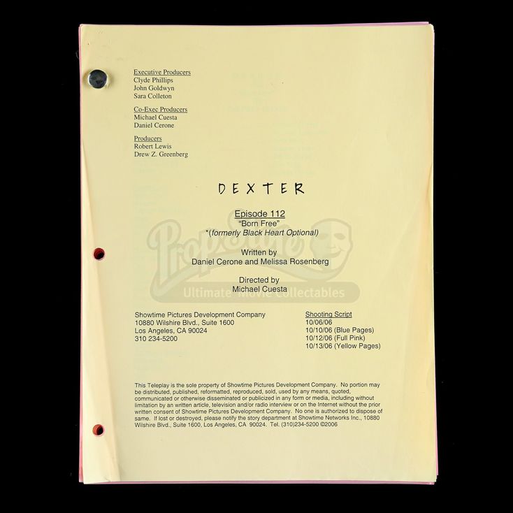 SEASON 1 EPISODE 12 BORN FREE Shooting Script | DEXTER (TV SERIES, 2006 ...