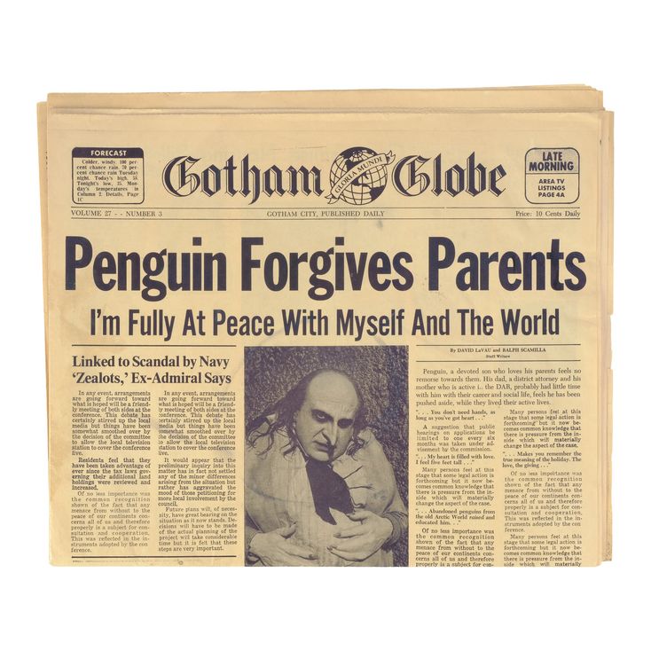 Lot # 566: BATMAN RETURNS (1992) - Penguin Forgives Parents Gotham Globe Newspaper