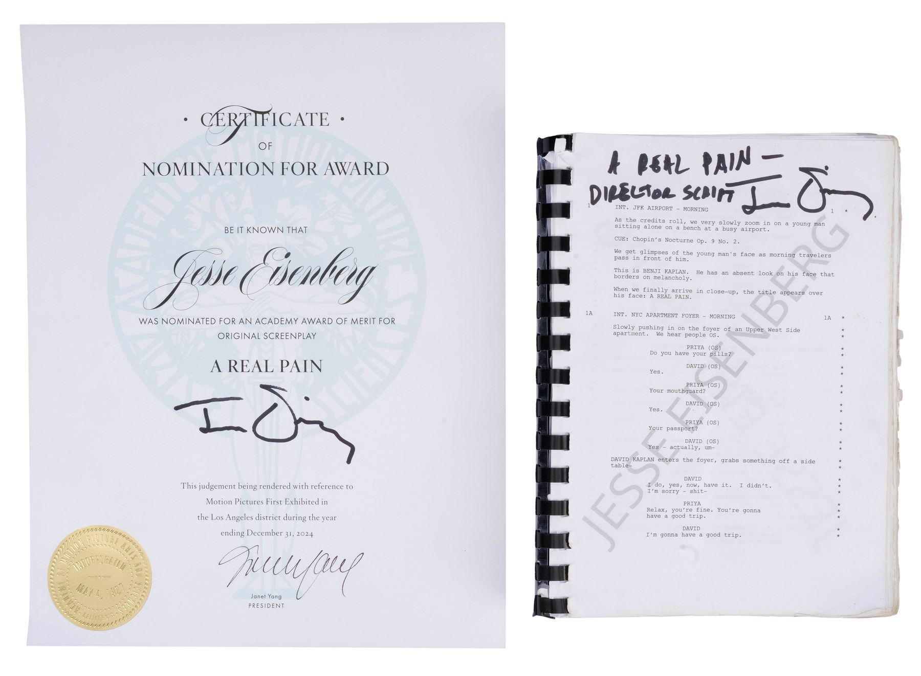 850. Jesse Eisenberg's Signed Personal Script and Best Screenplay ...