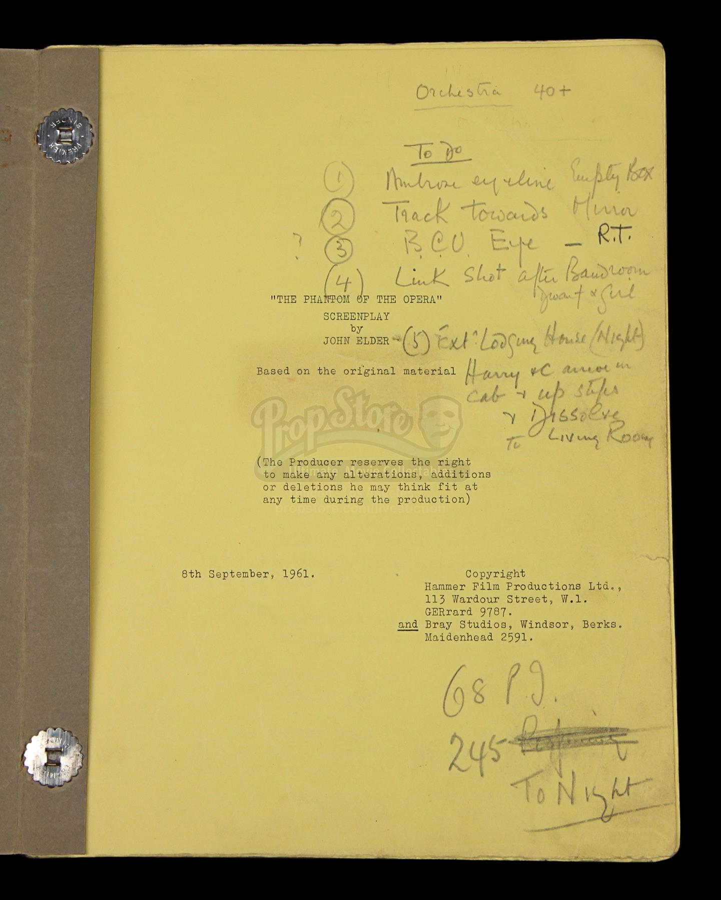 Terence Fishers Personal Shooting Script | PHANTOM OF THE OPERA (1962)