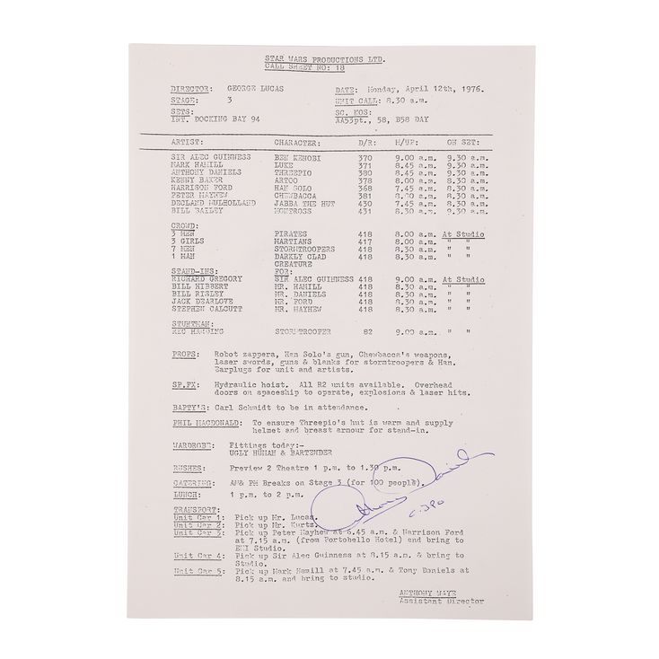 Anthony Daniels Autographed Call Sheet No. 18 Photocopy | STAR WARS: A ...